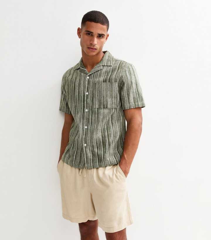 Green Short Sleeve Textured Stripe Shirt | New Look