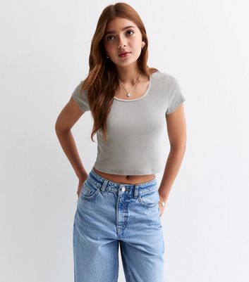 Girls Grey Scoop Neck Cropped Tee | New Look