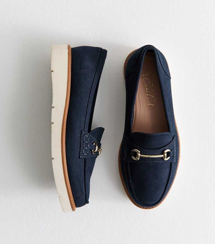 Wide Fit Navy Faux Suede Snaffle Detail Loafers | New Look