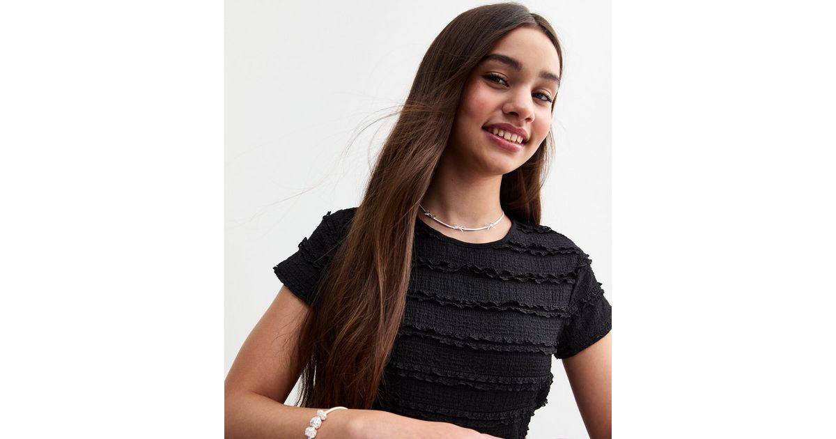 Girls Black Ruffle Lace T-Shirt | New Look