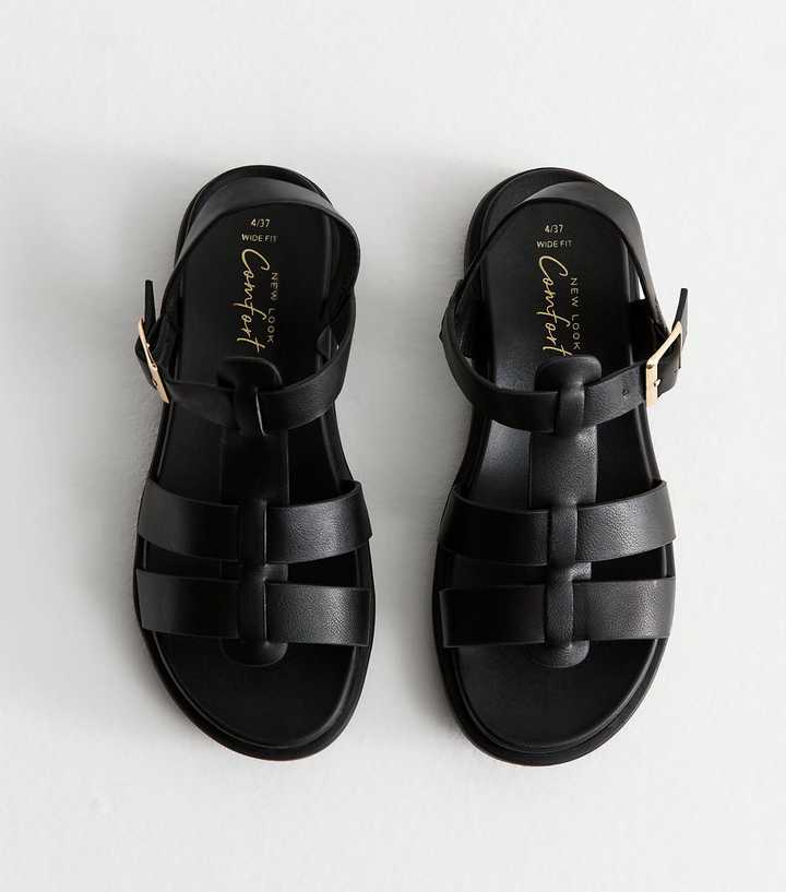 Wide Fit Black Multi Strap Faux Leather Sandals | New Look