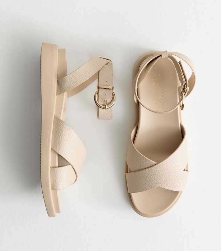 Wide Fit Off White Faux Leather Crossover Strap Sandals | New Look