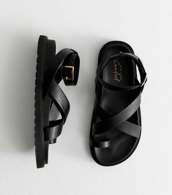 Black Faux Leather Crossover Strap Sandals | New Look