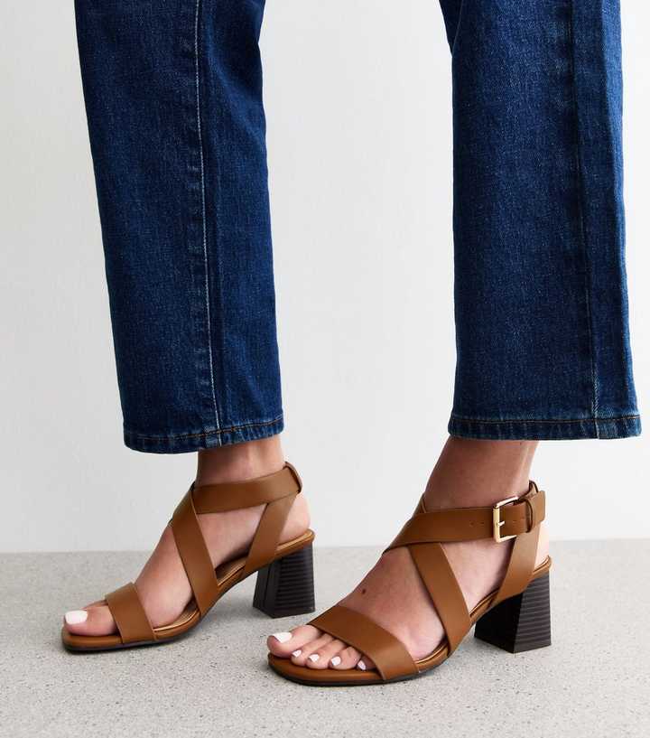 Wide Fit Tan Faux Leather Crossover Strap Heeled Sandals | New Look