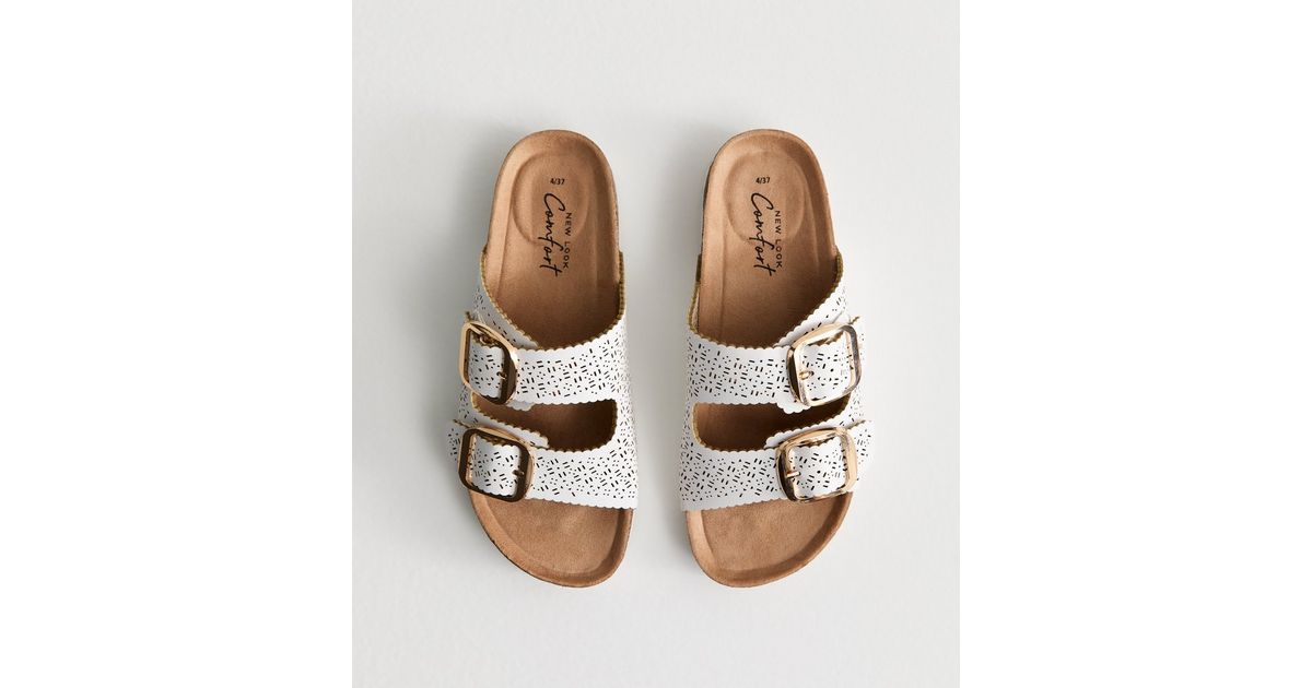 White Lazer Cut Faux Leather Sandals | New Look