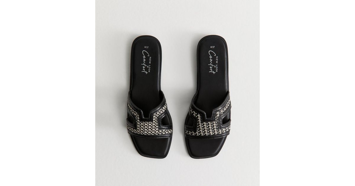 Black Raffia And Faux Leather Sandals | New Look