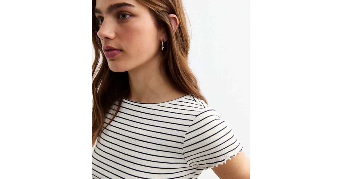 White Striped Frilly Trim Top | New Look