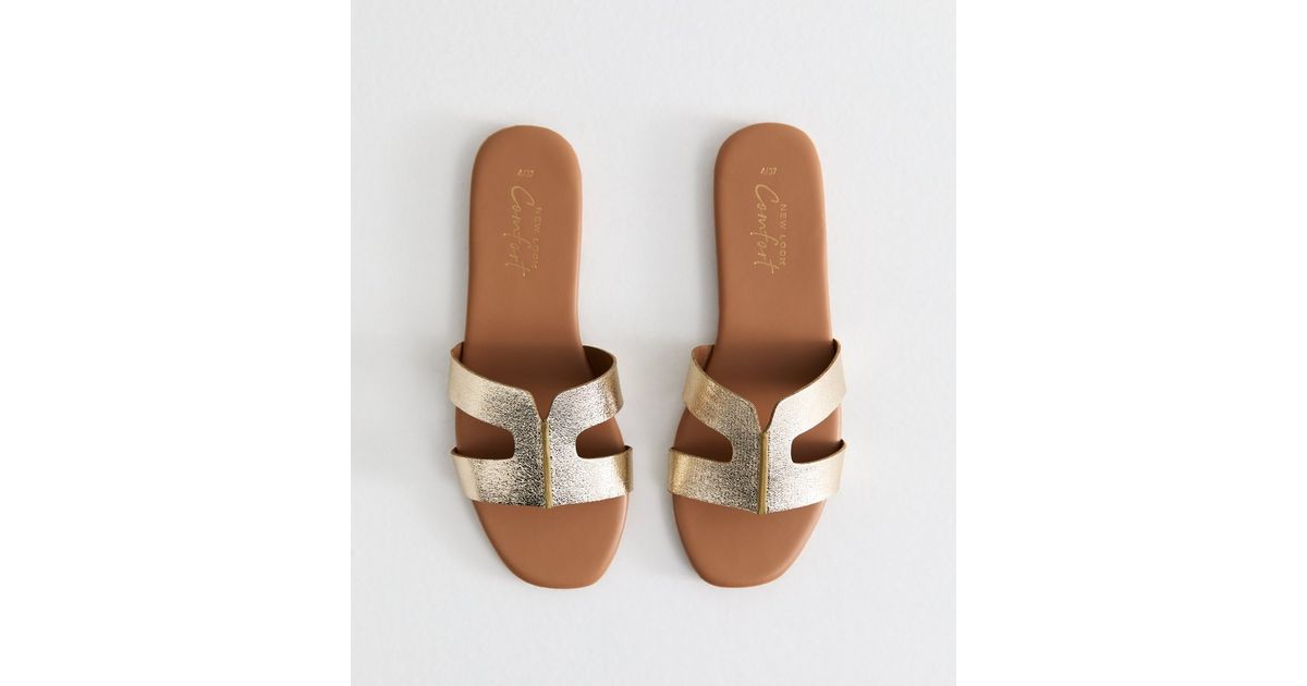 Gold Faux Leather Cut Out Strap Mules | New Look