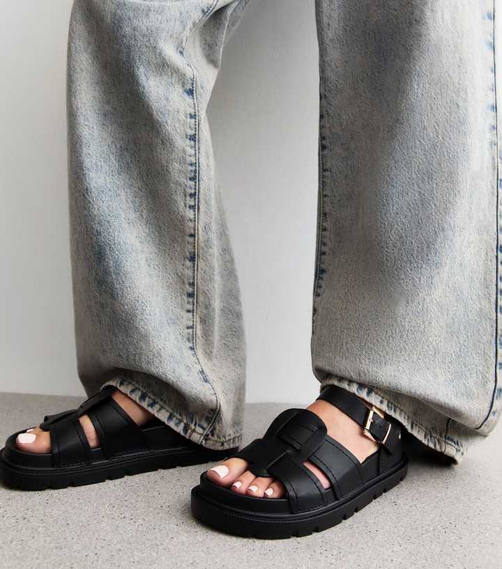 Wide Fit Black Woven Straps Faux Leather Sandals | New Look