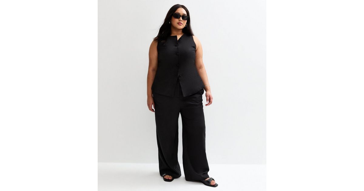 Curves Black Linen Blend Wide Leg Trousers | New Look