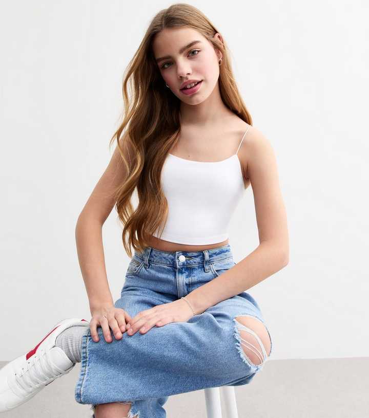 Girls White Spaghetti Strap Cropped Cami Top | New Look