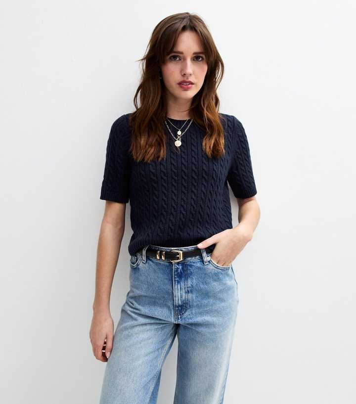 Navy Cable Knit Crew Neck Top | New Look