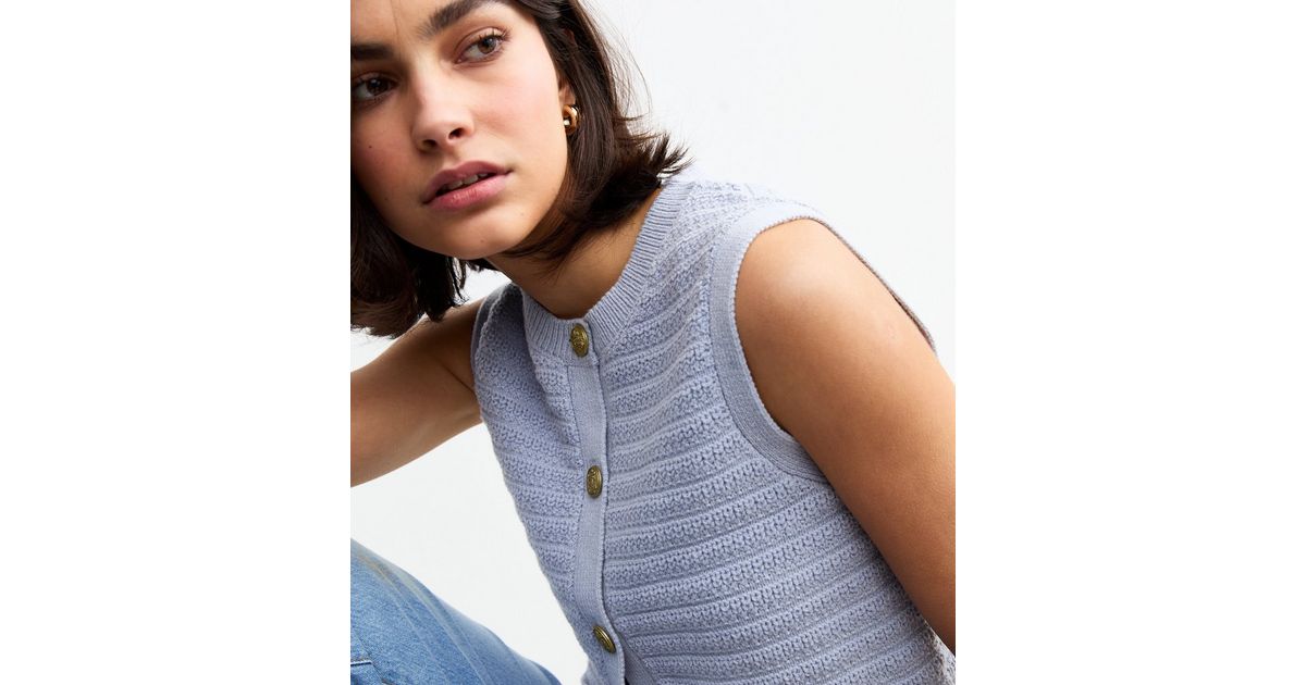 Blue Textured Knit Button Up Vest | New Look