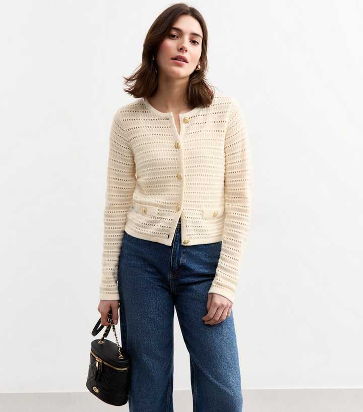 Cream Open Knit Button Detail Cardigan | New Look
