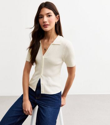 Cream Ribbed Polo Top | New Look
