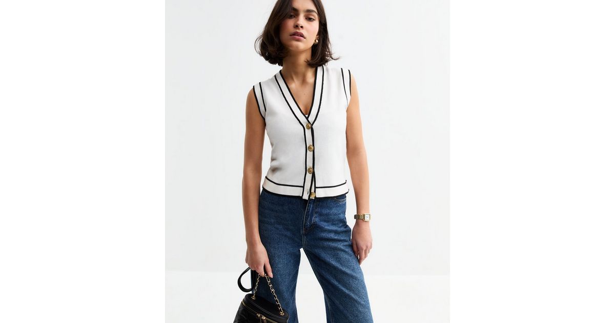 Off White Contrast Tipping Sleeveless Waistcoat | New Look