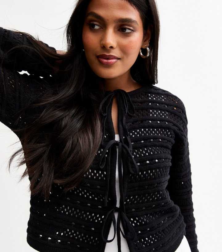 Black Open Knit Double Tie Front Cardigan | New Look