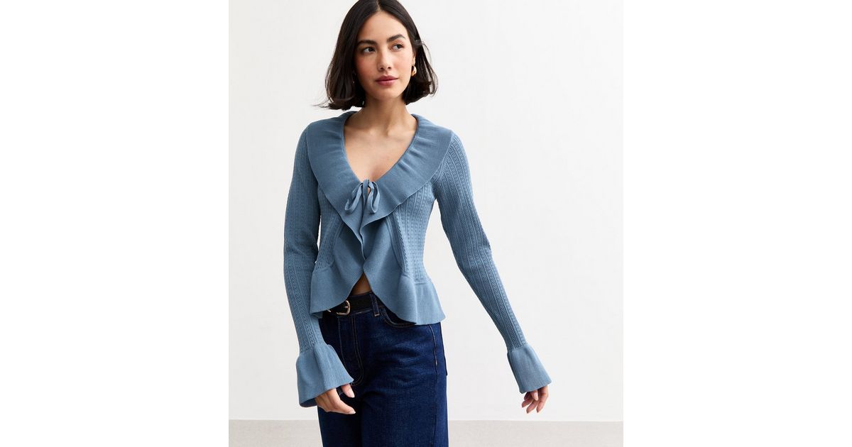 Blue Frilly Trim Tie Front Pointelle Cardigan | New Look