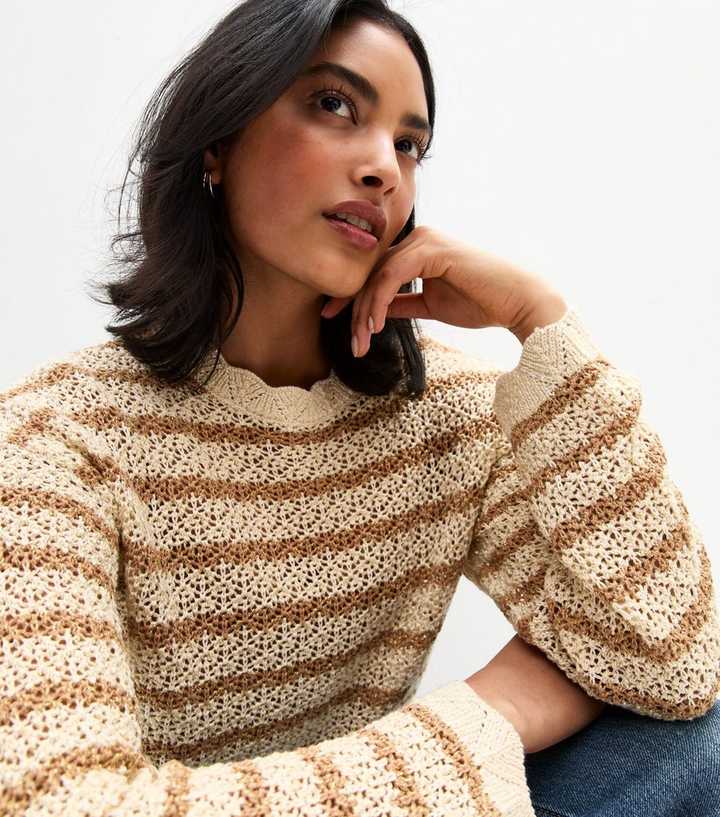 Gold Open Knit Striped Shimmery Jumper | New Look