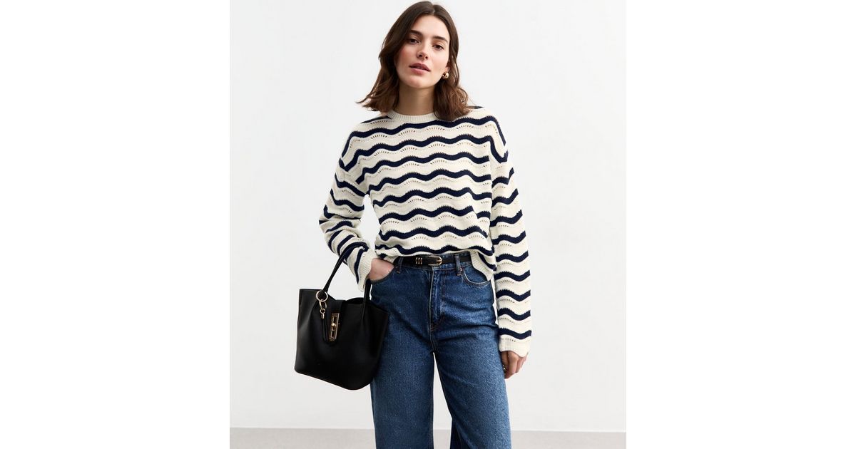 White Striped Open Knit Jumper | New Look