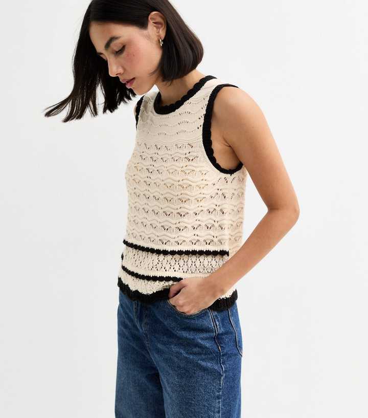 Cream Open Knit Contrast Trim Vest | New Look