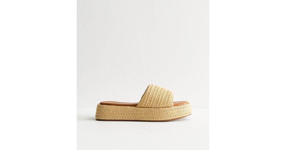 Cream Raffia And Faux Leather Platform Mules | New Look