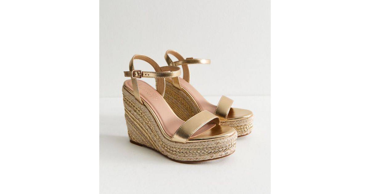 Wide Fit Gold Faux Leather Platform Wedge Sandals | New Look