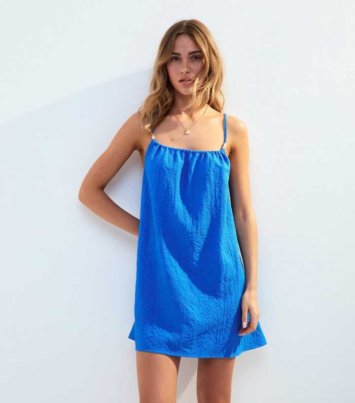 Bright Blue Textured Beaded Strap Beach Mini Dress | New Look