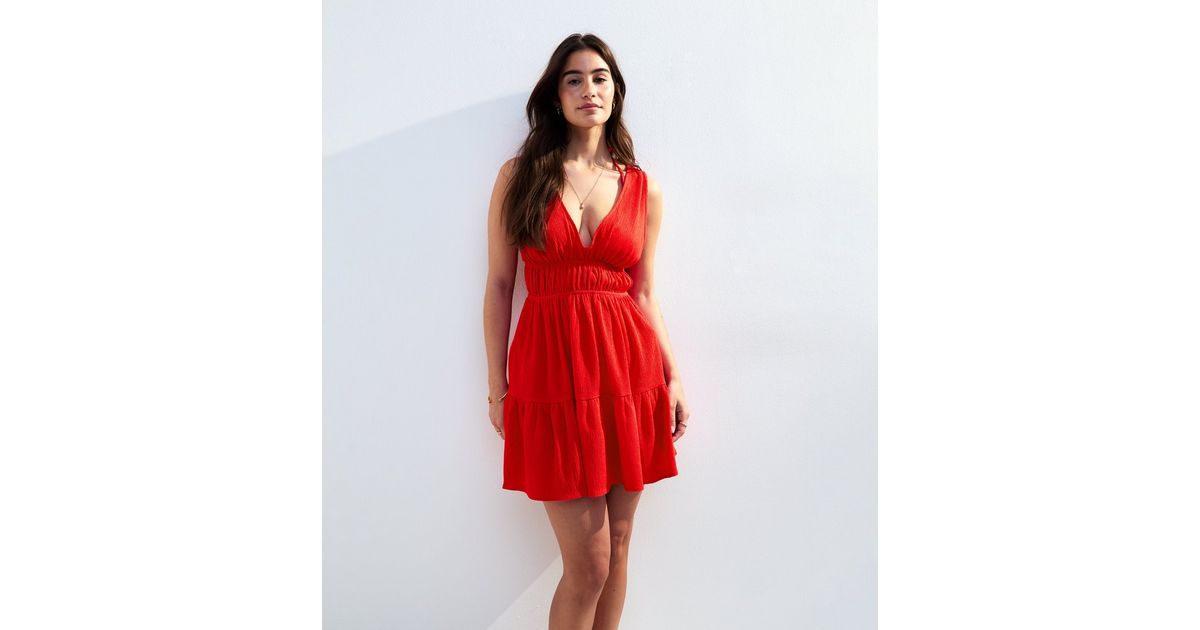 Red Crinkled V-Neck Dress | New Look