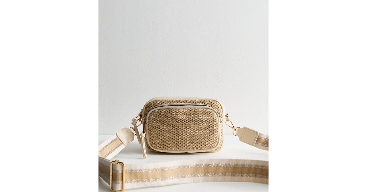 Stone Woven Raffia Look Faux Leather Crossbody Bag | New Look