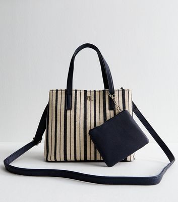 Blue Striped Canvas and Faux Leather Mini Tote Bag | New Look