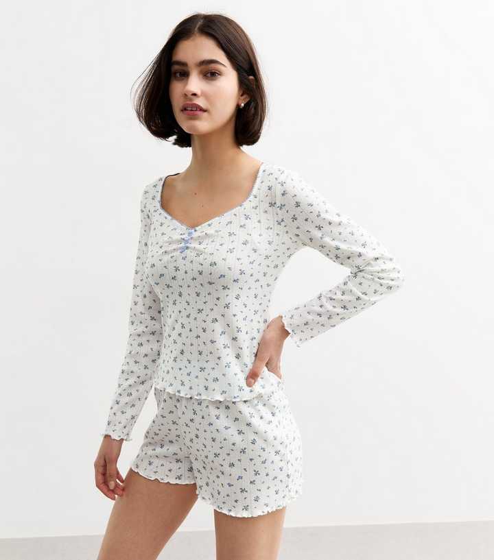 White Pointelle Floral Print Top And Shorts Set | New Look