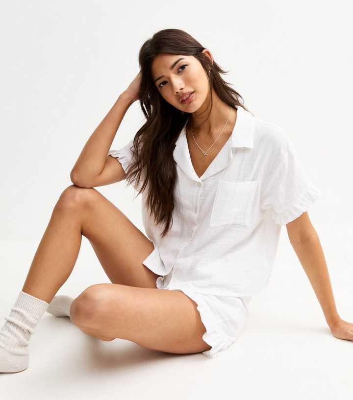 White Double Cloth Frill Trim Revere Collar Pyjama Set | New Look