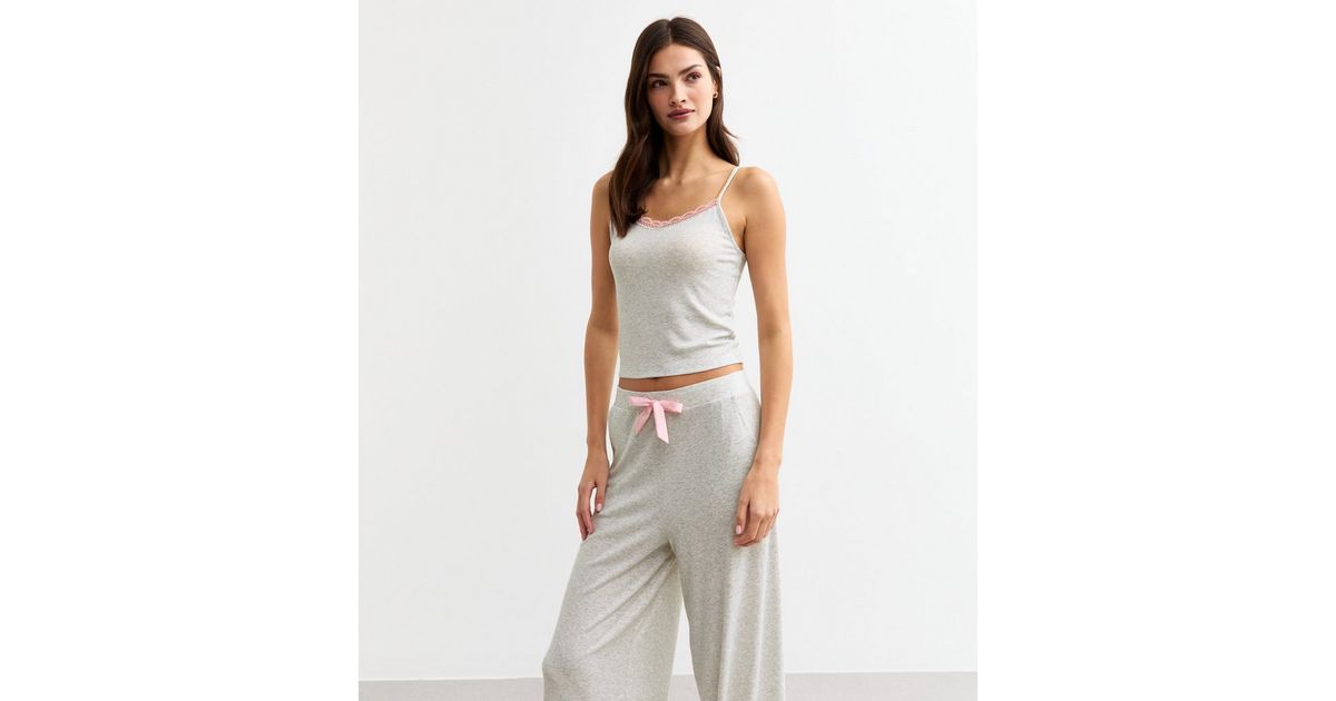 Pale Grey Ribbed Wide Leg Pyjama Set | New Look