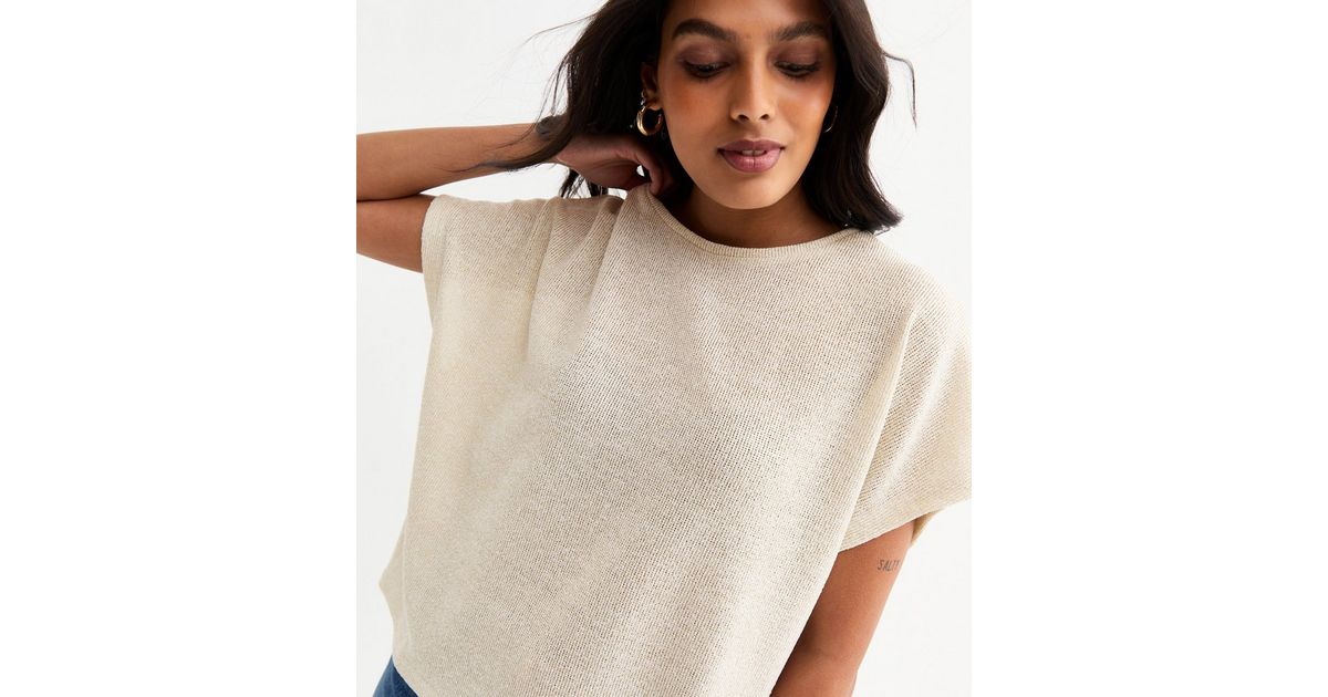 Cream Textured Shimmer T-Shirt | New Look