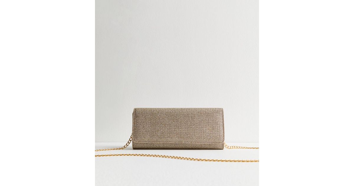 Gold Internal Mirror Glitter Chain Strap Clutch Bag | New Look