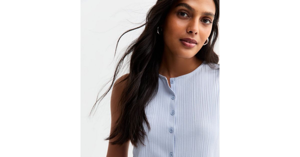 Light Blue Textured Ribbed Crew Neck Button Up Vest | New Look