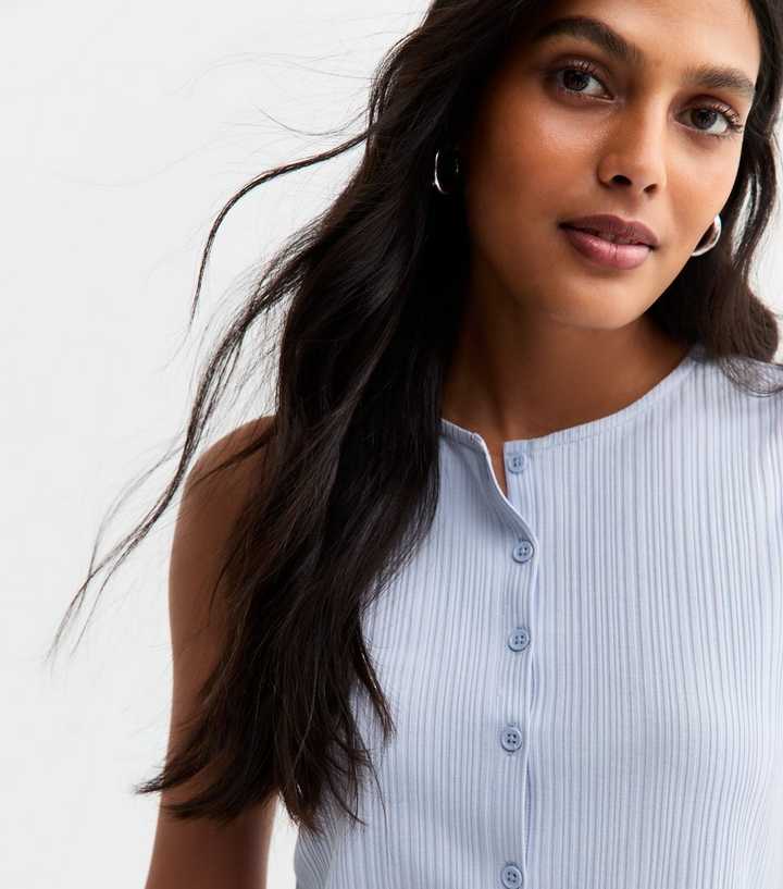 Light Blue Textured Ribbed Crew Neck Button Up Vest | New Look