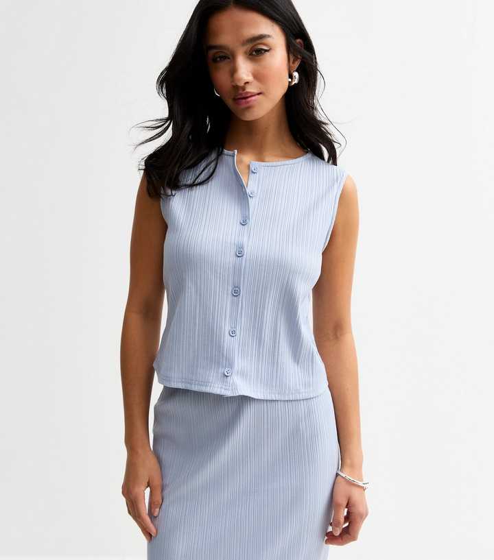 Petite Light Blue Ribbed Crew Neck Waistcoat | New Look