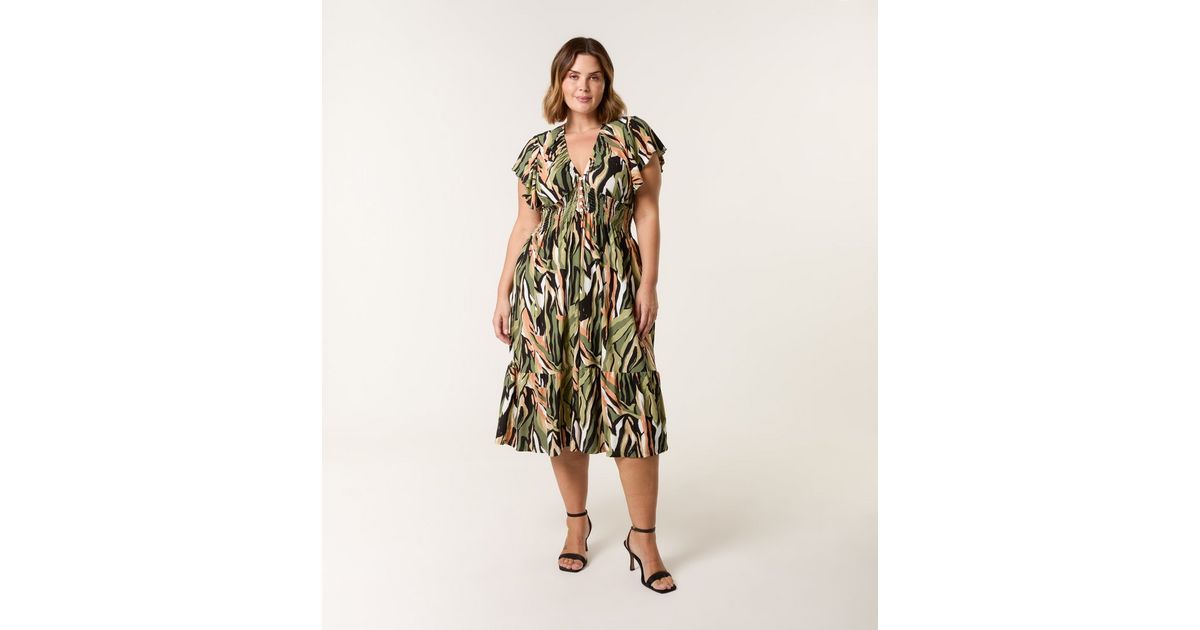 Blue Vanilla Curve Khaki Shirred Waist Midi Dress | New Look