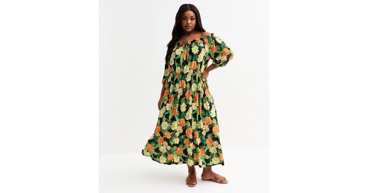 Blue Vanilla Curve Yellow Floral Print Bardot Midi Dress | New Look