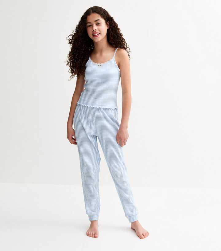 Girls Blue Striped Ribbed Cami Jogger Set | New Look