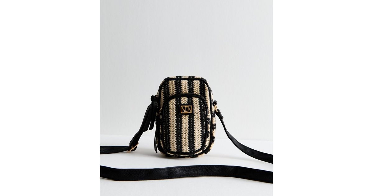 Black Striped Raffia Look Crossbody Phone Bag | New Look