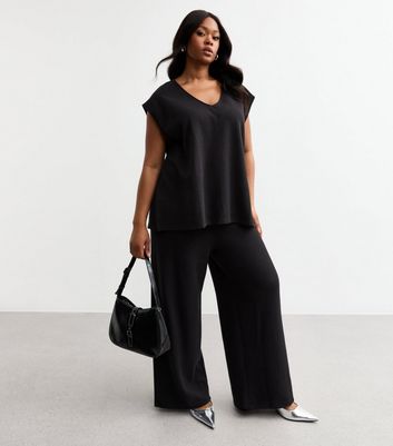 Curves Black Soft Touch Wide Leg Trousers | New Look