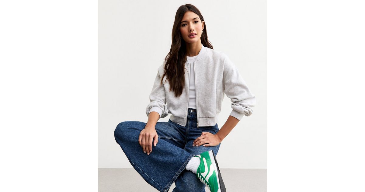 Light Grey Zip Up Cropped Bomber Jacket | New Look