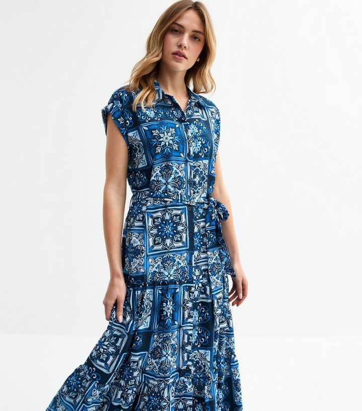 Blue Tile Print Cap Sleeve Shirt Dress | New Look
