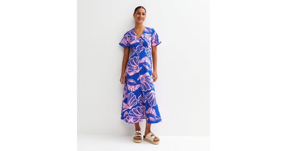 Blue Shell Print Button Down V-Neck Midi Dress | New Look
