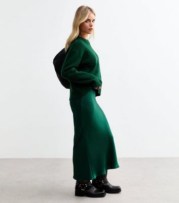 Petite Dark Green Satin Slip Skirt | New Look