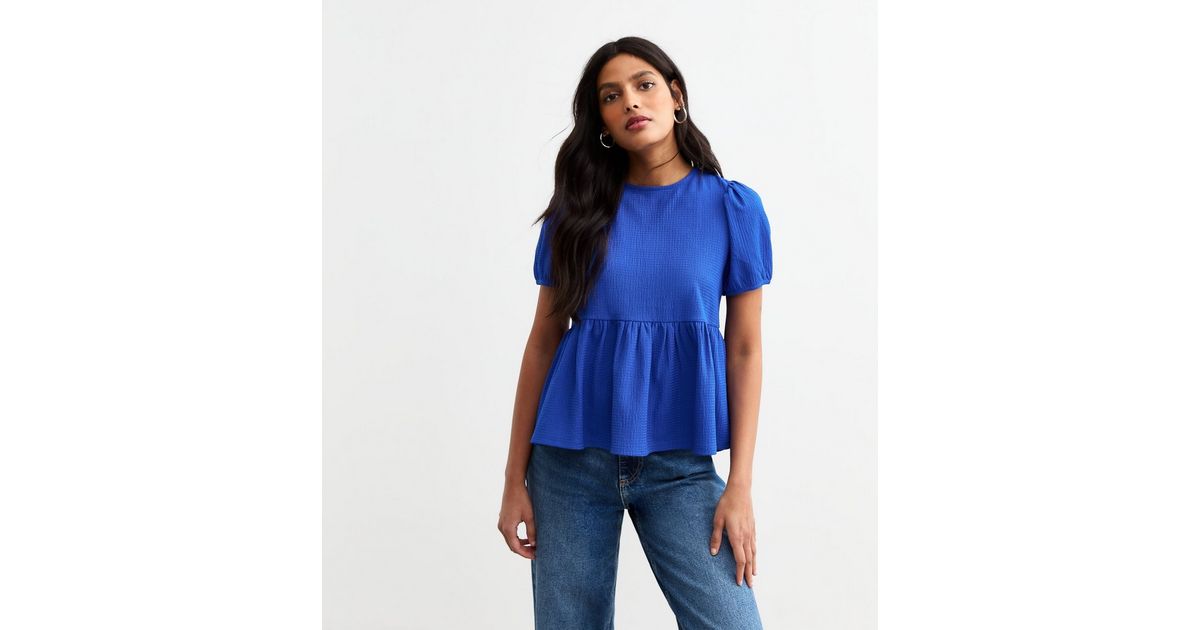 Bright Blue Crinkled Jersey Tie Back Peplum Top | New Look