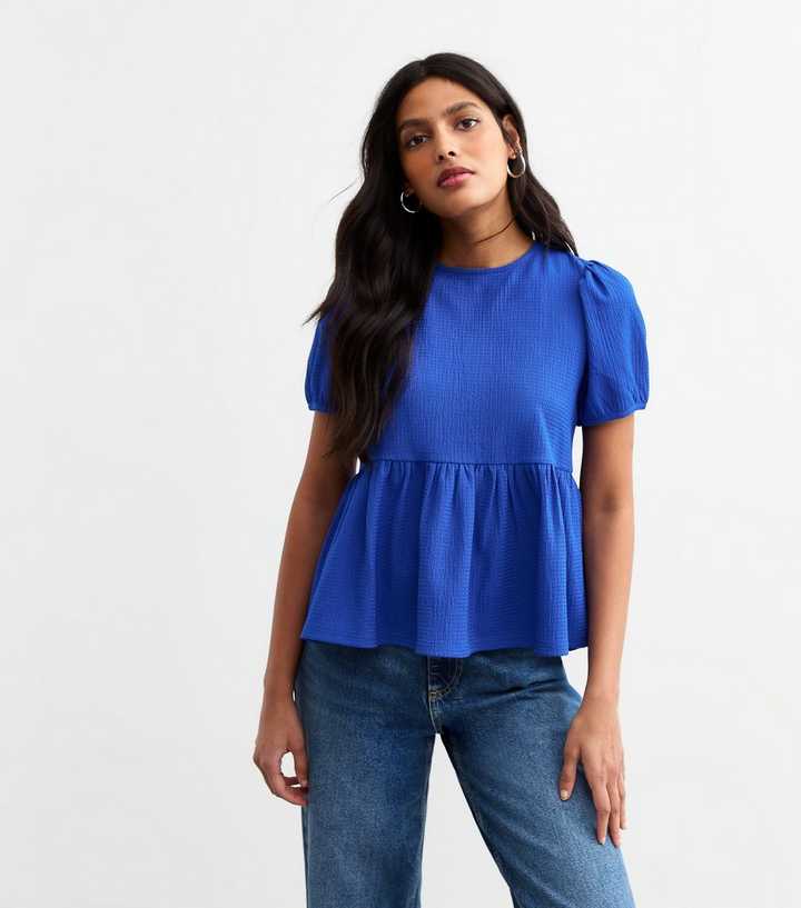 Bright Blue Crinkled Jersey Tie Back Peplum Top | New Look